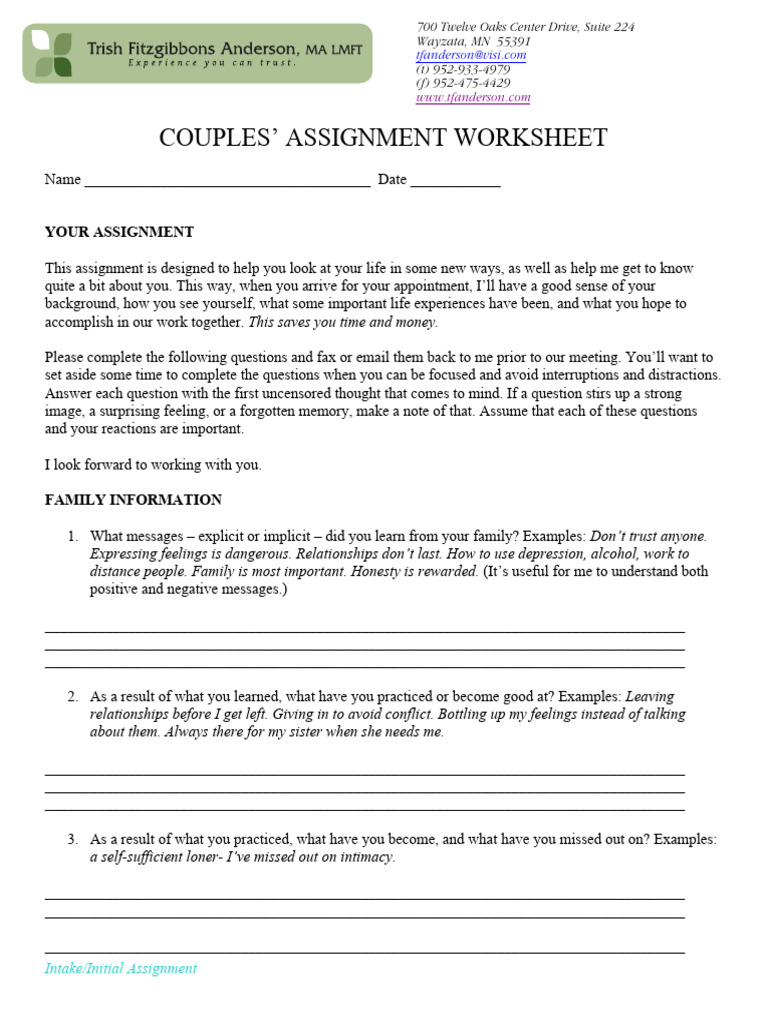 Couples Assignment Worksheet | PDF