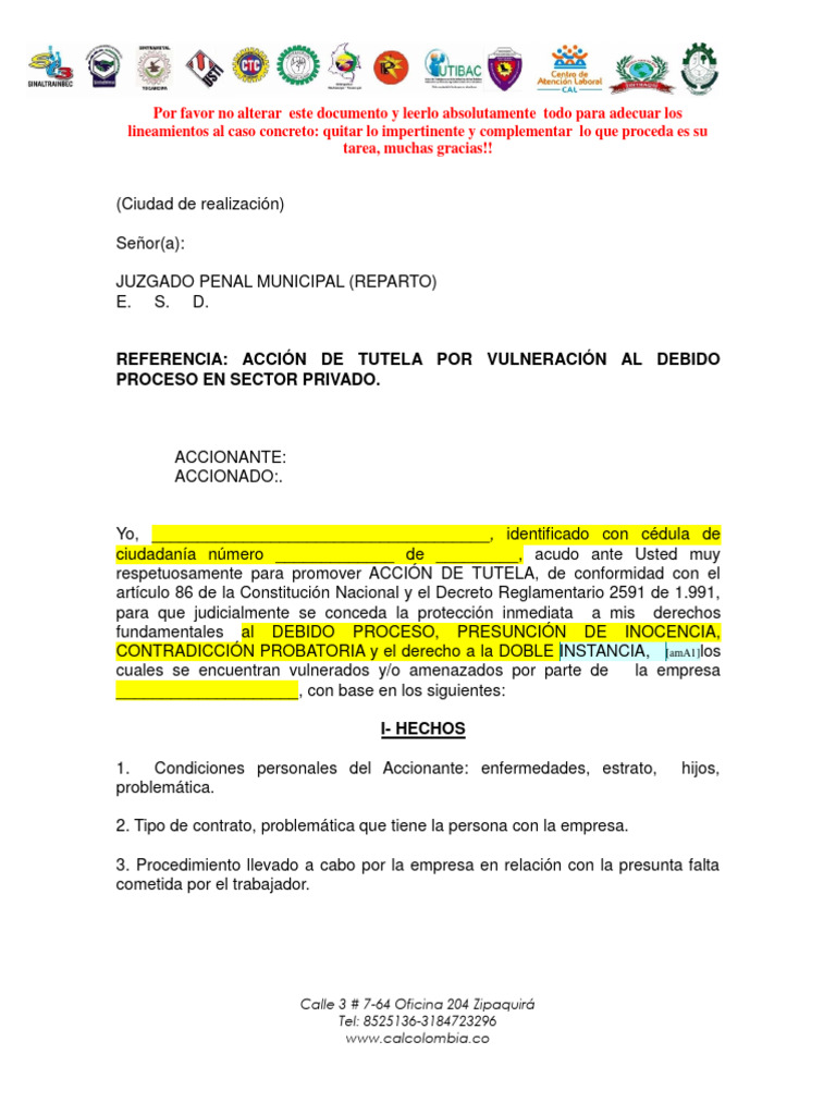 Tutela por Violación al Debido Proceso | PDF | Debido al proceso | Caso ...