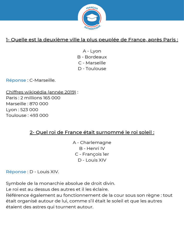 Quiz sur la culture française | PDF | France