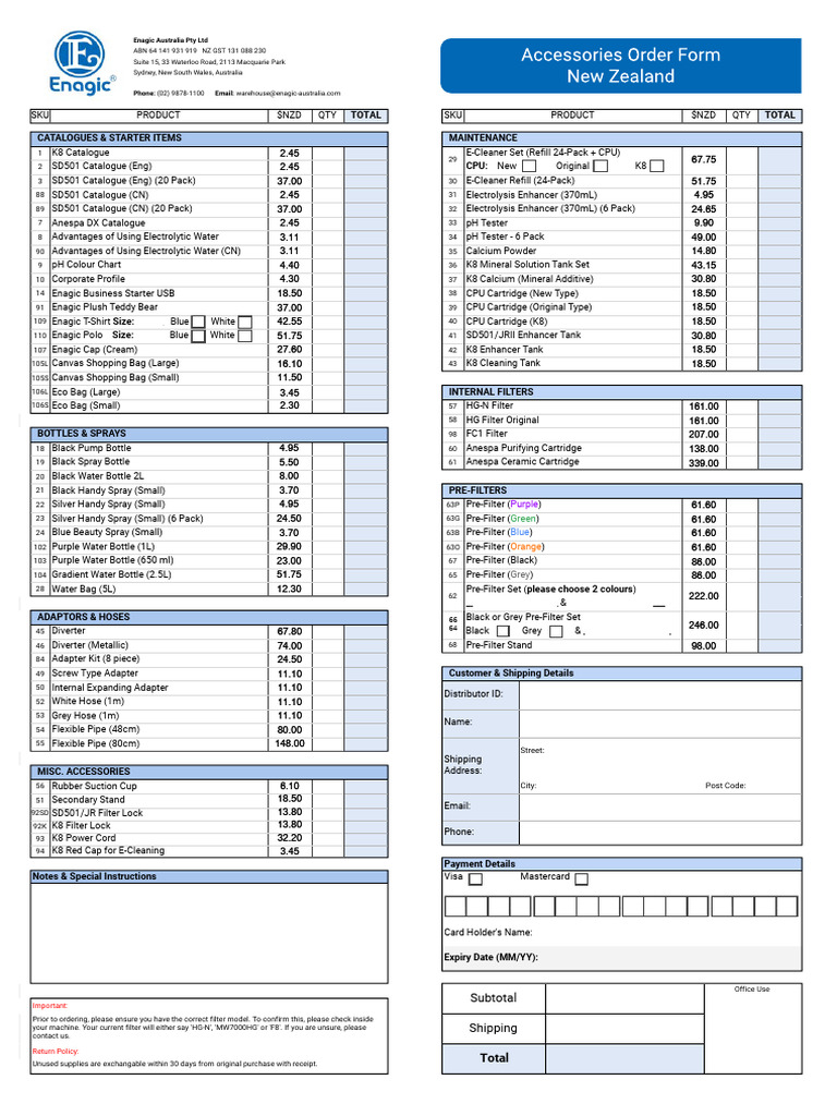 NZ Accessory Order Form | PDF | Science & Mathematics