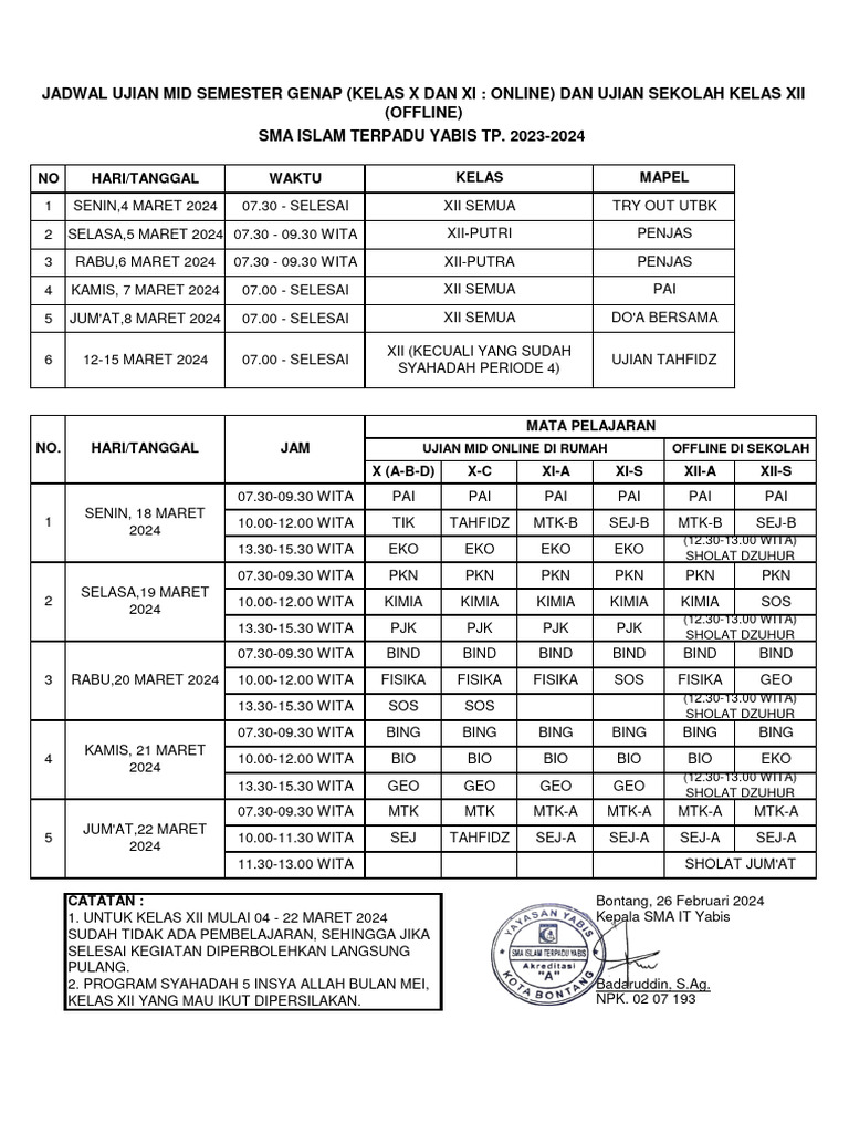 Jadwal Mid Dan Us Semester Genap-Tp. 2023-2024 | PDF