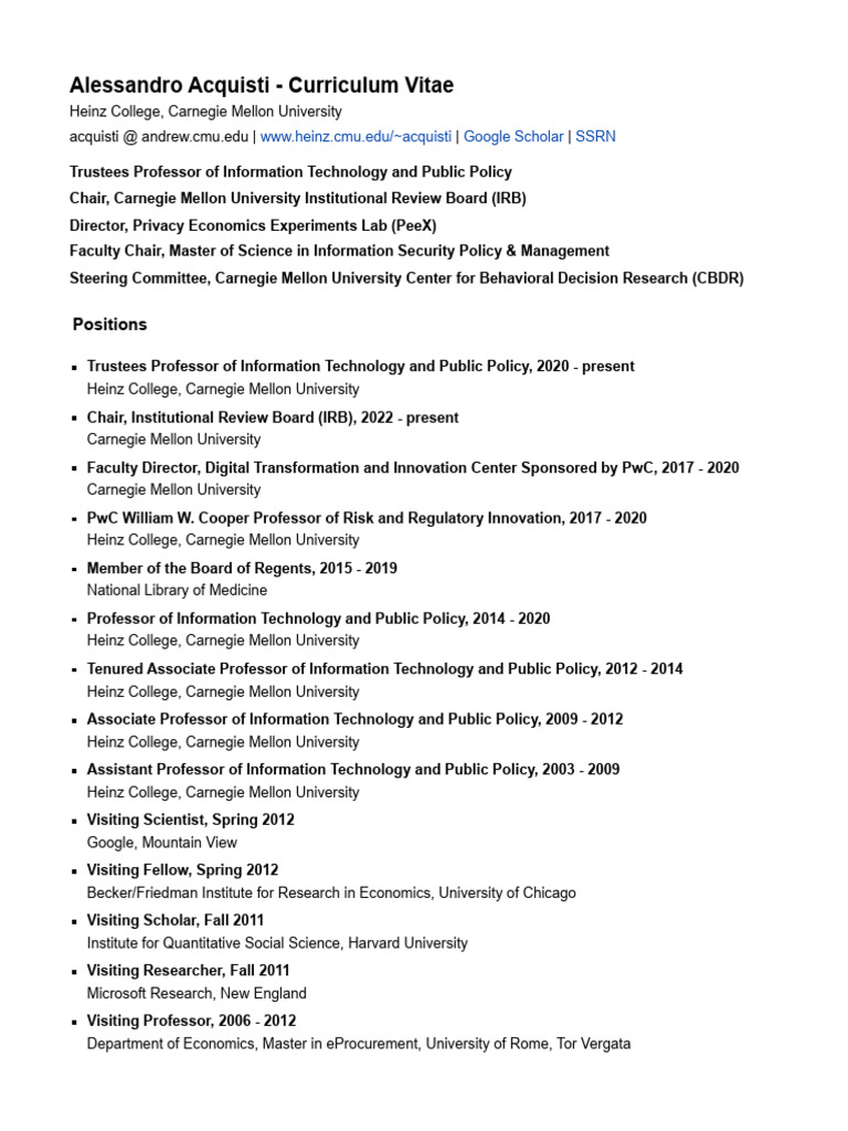 Academic CV: Alessandro Acquisti | PDF | Privacy | Carnegie Mellon ...