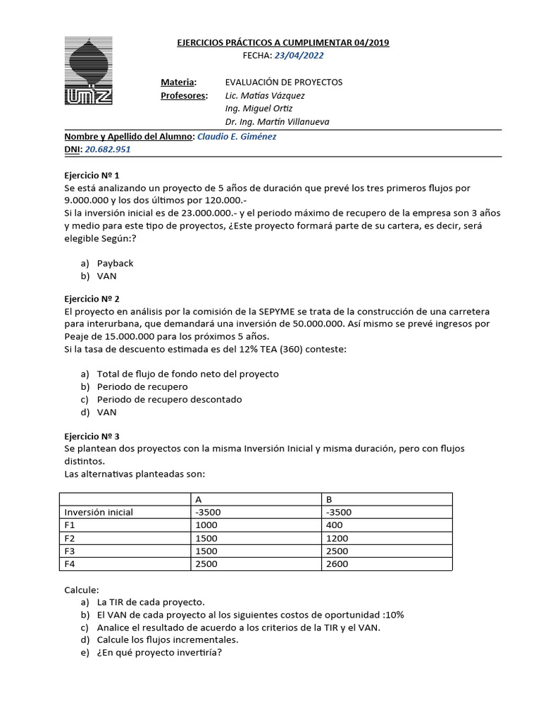 6 Evaluación de Proyectos - Clase 4 - Claudio E Giménez | PDF