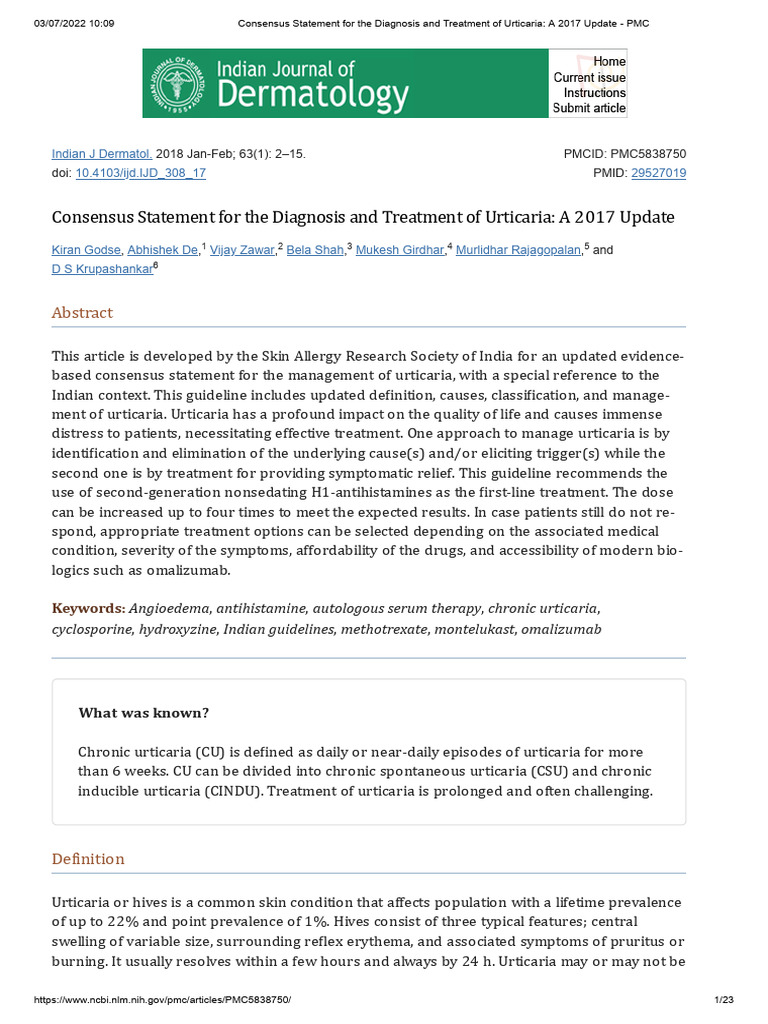 Urticaria Diagnosis & Treatment Guide | PDF | Inflammation | Therapy