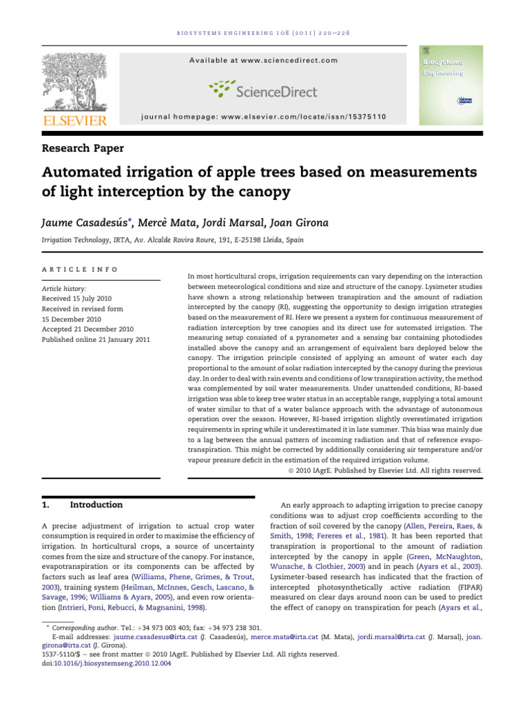 Automated Irrigation of Apple Trees Based On Measurements of Light Interception by The Canopy | PDF