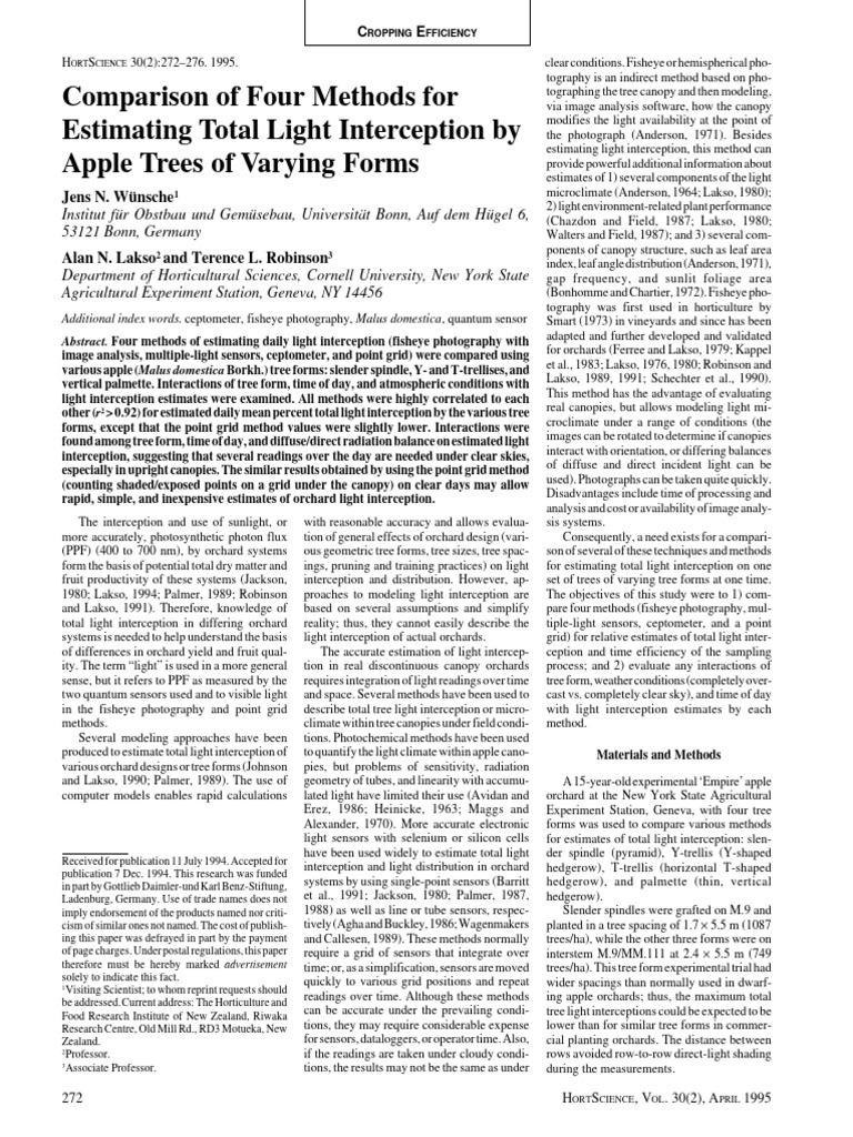 Comparison of Four Methods For Estimating Total Light Interception by Apple Trees of Varying ...