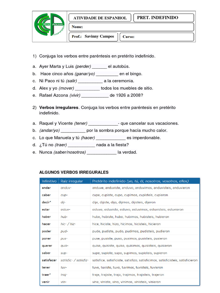 PRETÉRITO INDEFINIDO - Actividad | PDF | Arte