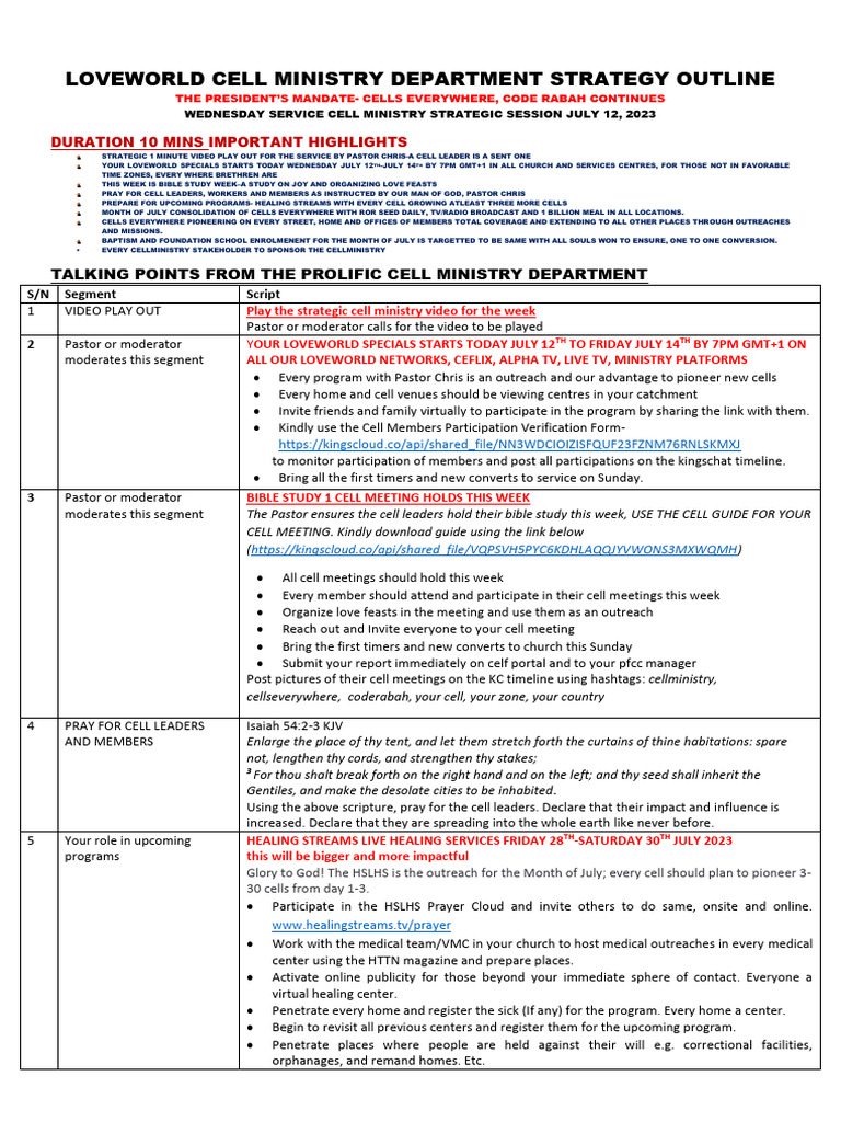 Cell Ministry Strategic Service Outline July 12 | Download Free PDF ...