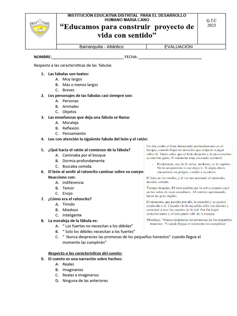 Examen Sobre El Cuento y Fabula. | PDF | Fábula