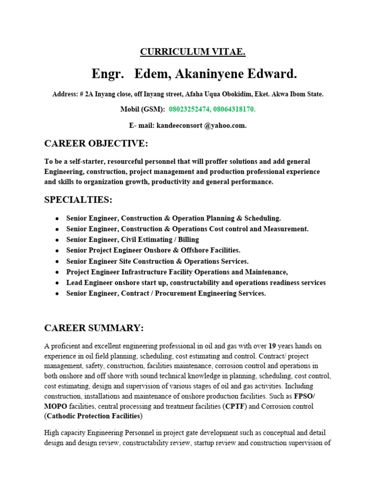 Edem, Akaninyene E. CV (Planning, Cost Control, Project and Const ... Edem, Akaninyene E. CV (Planning, Cost Control, Project and Const ...