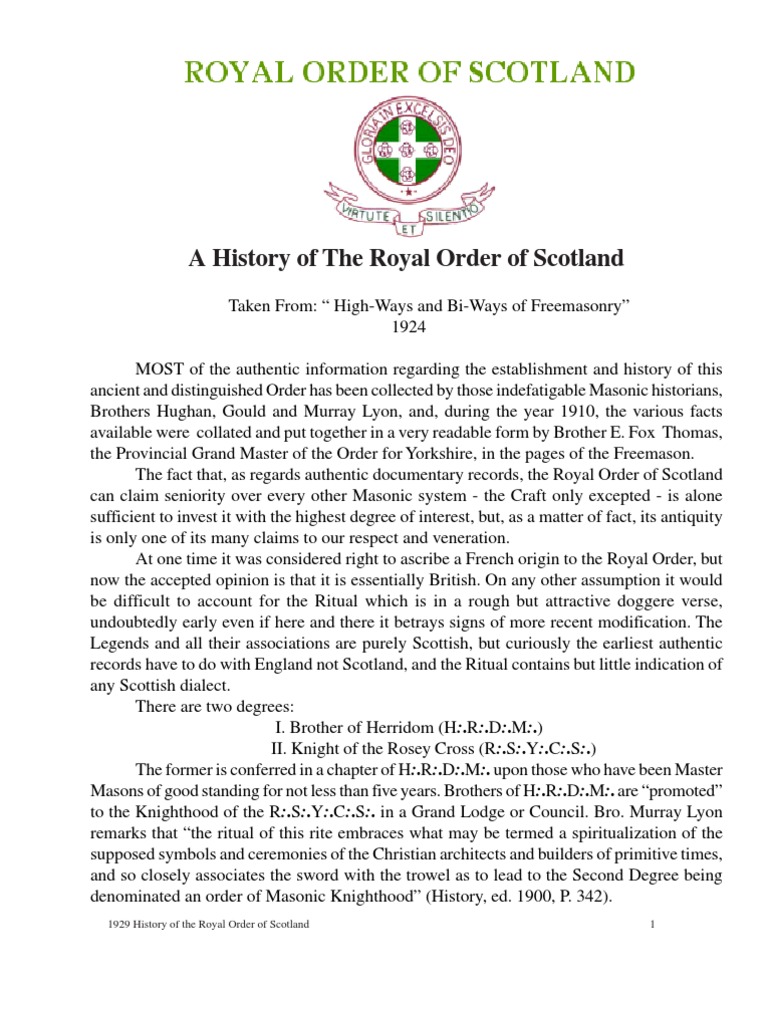 History Royal Order of Scotland 1924 | Freemasonry | Knights Templar