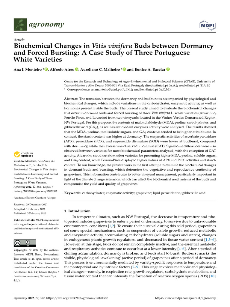 Biochemical Changes in Vitis Vinifera Buds Between Dormancy and Forced ...