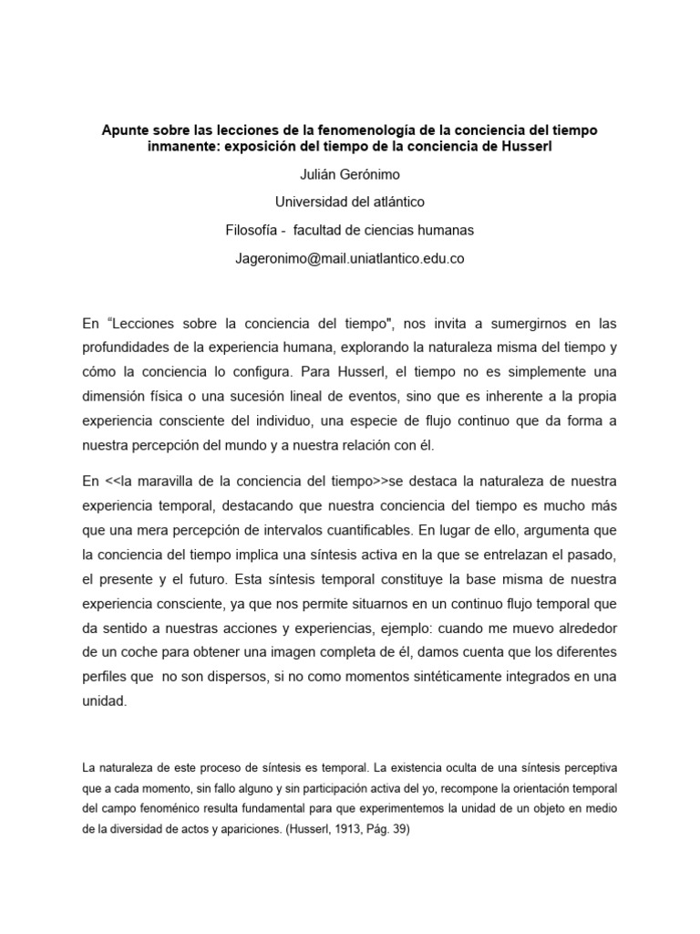 Apunte sobre las lecciones de la fenomenología de la conciencia del ...