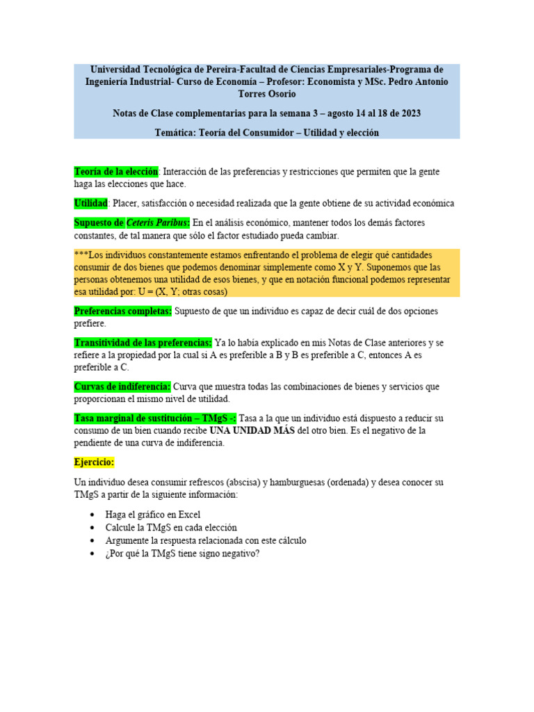 NOTAS COMPLEMENTARIAS - Semana 3-Economía UTP | PDF