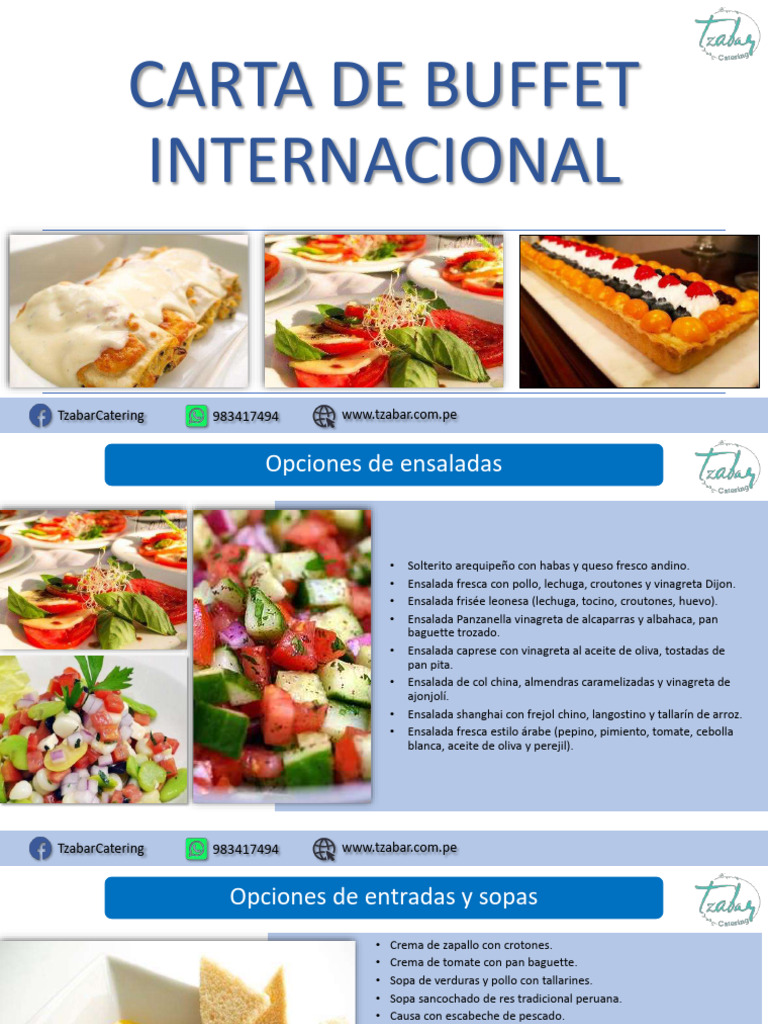 Carta de Buffet Internacional Tzabar | PDF | ensalada | Vinagreta