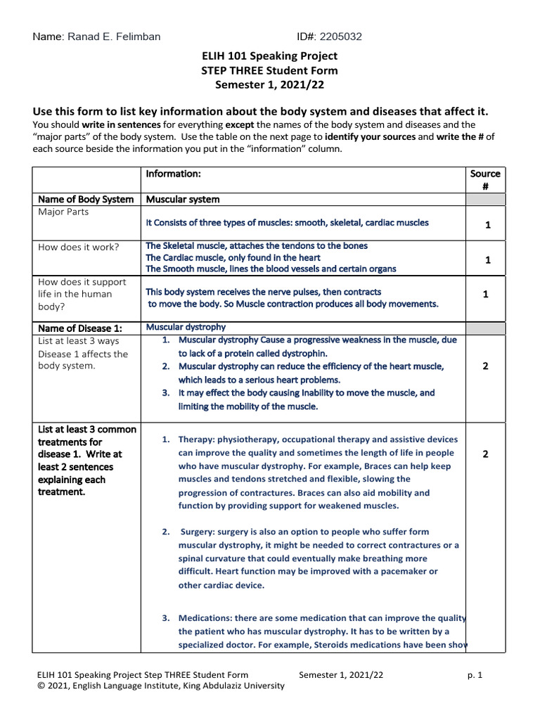 ELIH 101 Speaking Project Step THREE Student Form Semester 1 2021.22 | PDF | Skeletal Muscle | Heart