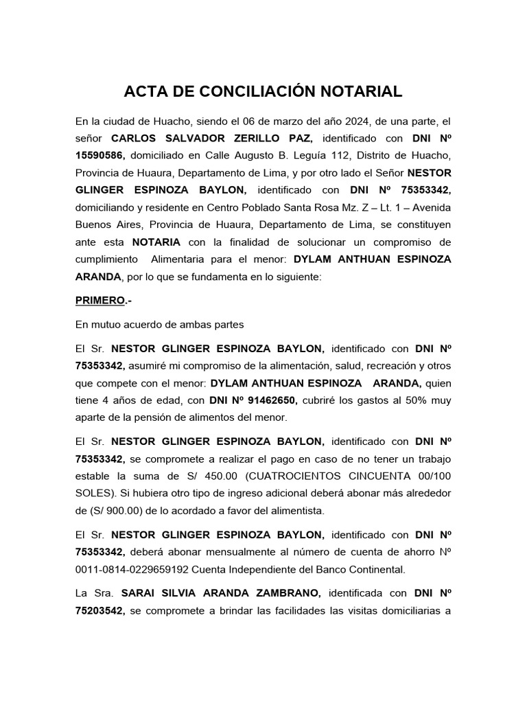 ACTA DE CONCILIACIÓN NOTARIAL Conciliacion de Alimentos | PDF