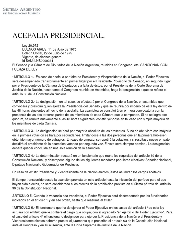 ACEFALIA PRESIDENCIAL. Ley 20.972 | PDF
