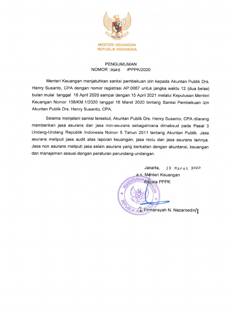 Sanksi Akuntan Publik Henry Susanto CPA AP.0067 Tahun 2020-2021 KAP Drs ...