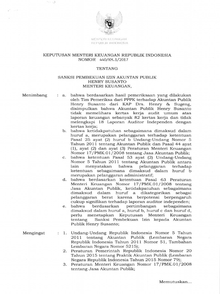 Sanksi Akuntan Publik Henry Susanto AP.0067 Tahun 2017 KAP Drs Henry ...