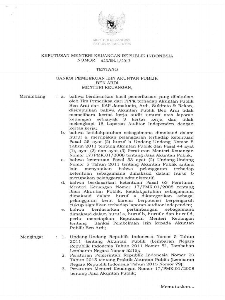 Sanksi Akuntan Publik Ben Ardi AP. AP.0109 Tahun 2017 KAP Jamaludin ...