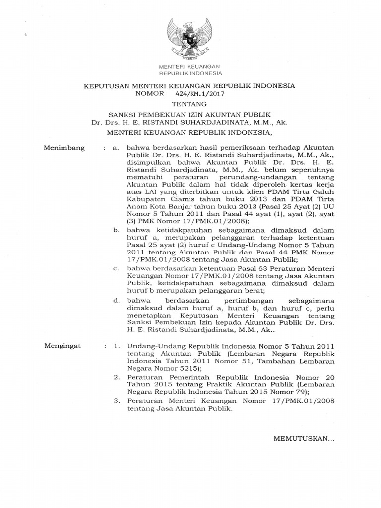 Sanksi Akuntan Publik H. E Ristandi Suhardjadinata AP.0215 Tahun 2017 ...