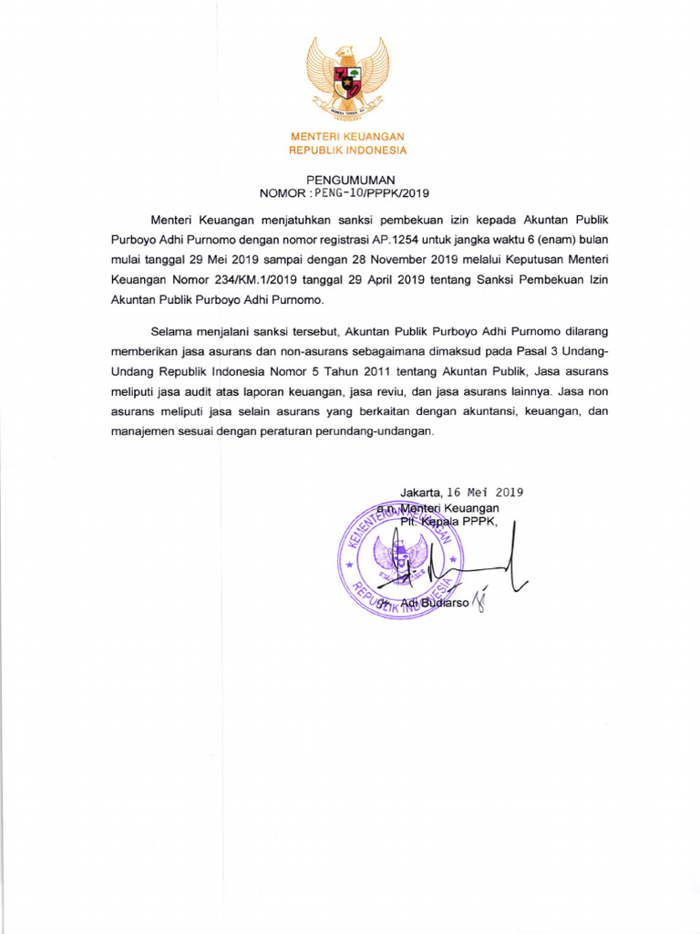 Sanksi Pembekuan Izin Purboyo Adhi Purnomo | PDF | Pengelolaan Keuangan ...