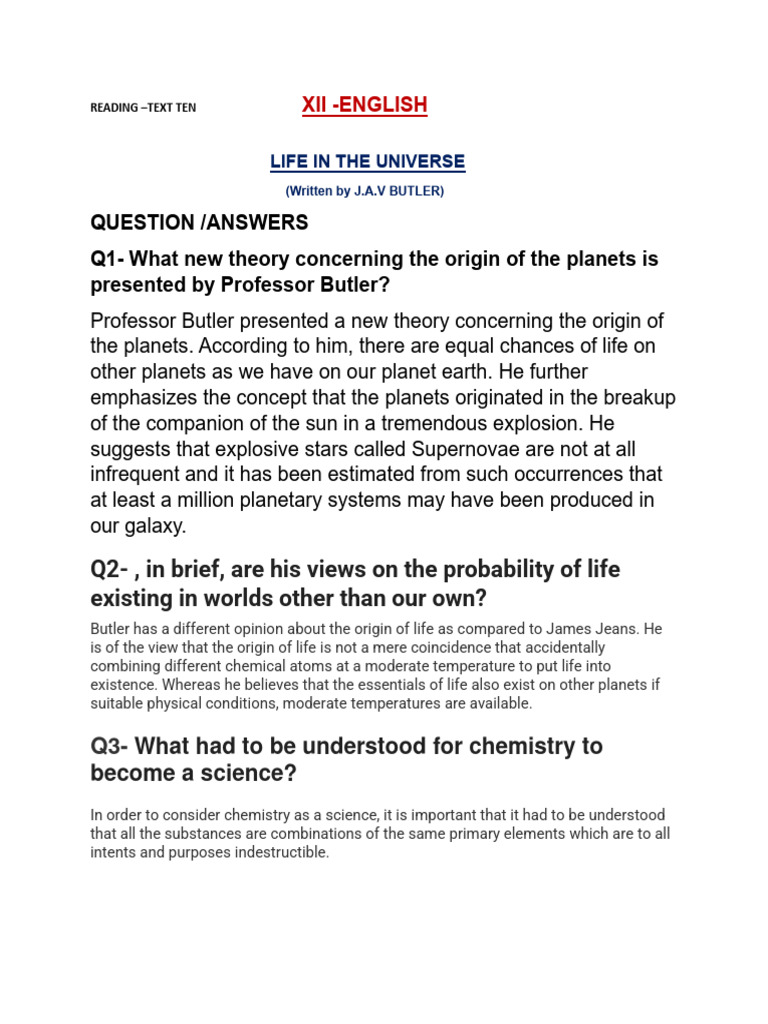 Xii English Reading Text Ten Life in The Universe | PDF | Life | Chemistry