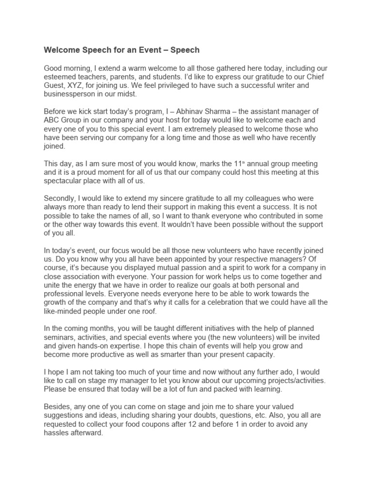 Welcome Speech for Annual Event | PDF