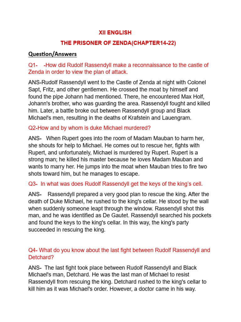 Xii English Assignment 4 Novel The Prisoner of Zenda 14-22 | PDF | The ...