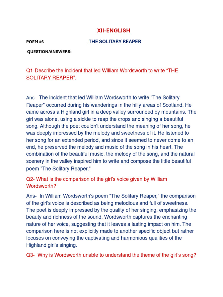 Xii English Poem6 The Solitary Reaper Qa | PDF | William Wordsworth