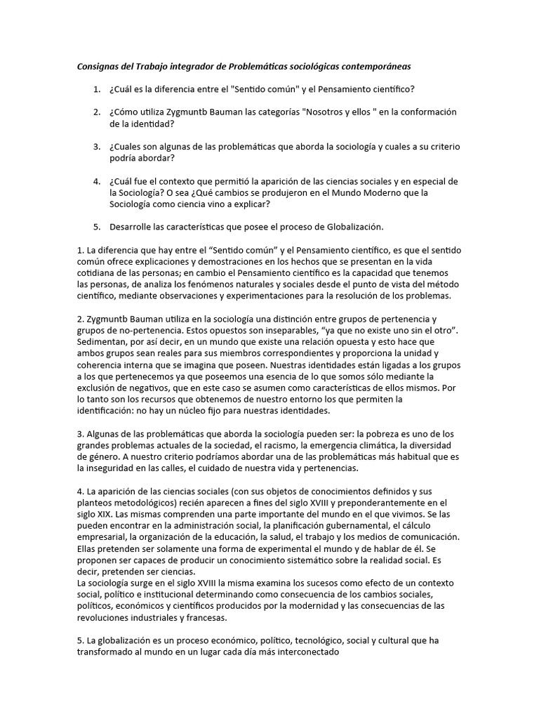 Consignas Del Trabajo Integrador | PDF | Sociología | Pensamiento