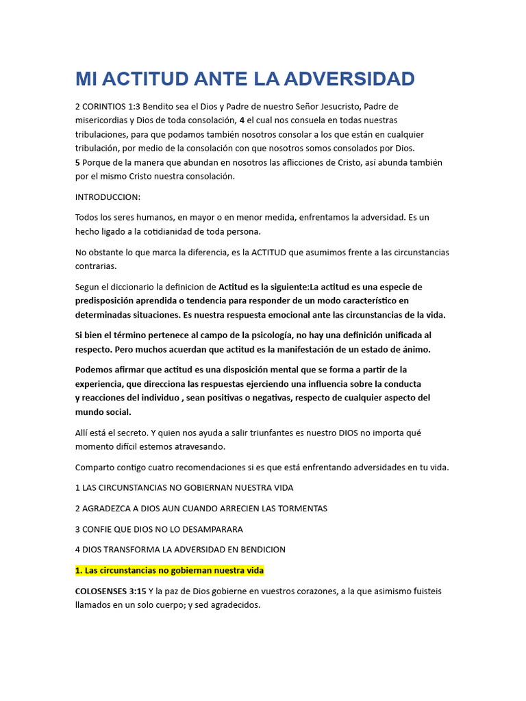 Mi Actitud Frente A La Adversidad | PDF | Actitud (psicología) | Cristo ...