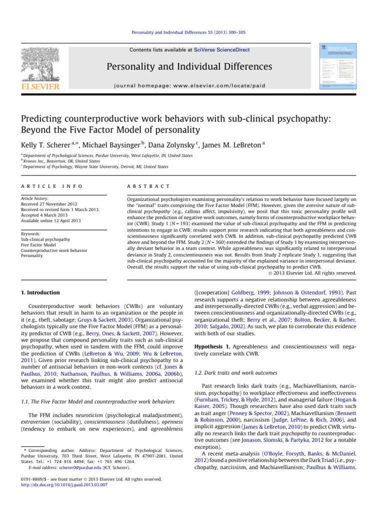 Predicting Counterproductive Work Behaviors With Sub-Clinical Psychopathy | PDF