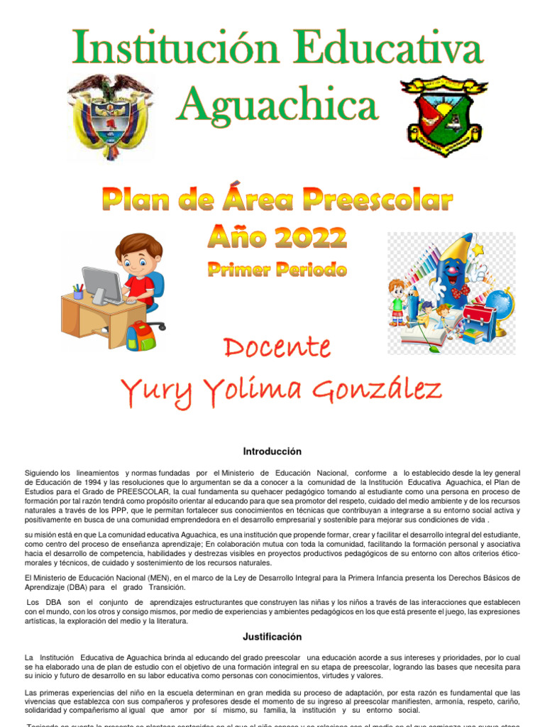 Plan de Aula Grado Preescolar Complementado 1° Al 4° Periodo 2023 | PDF ...