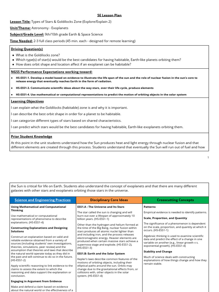 5E Lesson Plan Explore Explain2 | PDF | Stars | Planetary Habitability