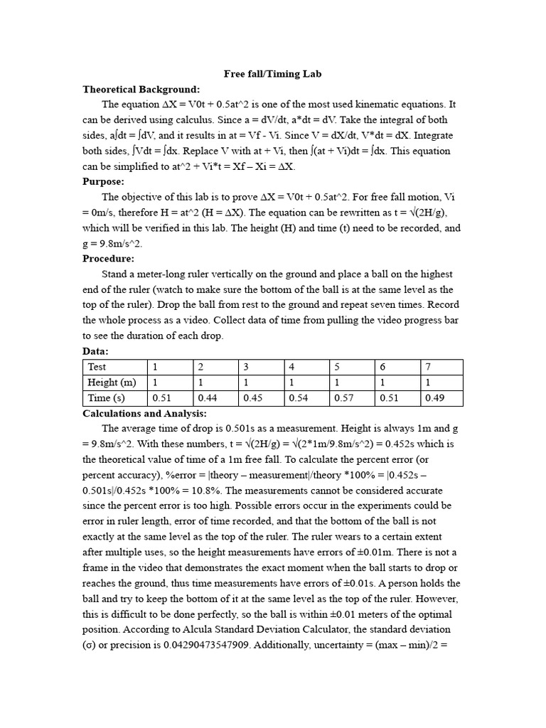 Free Fall - Timing Lab 2 | PDF | Standard Deviation | Errors And Residuals