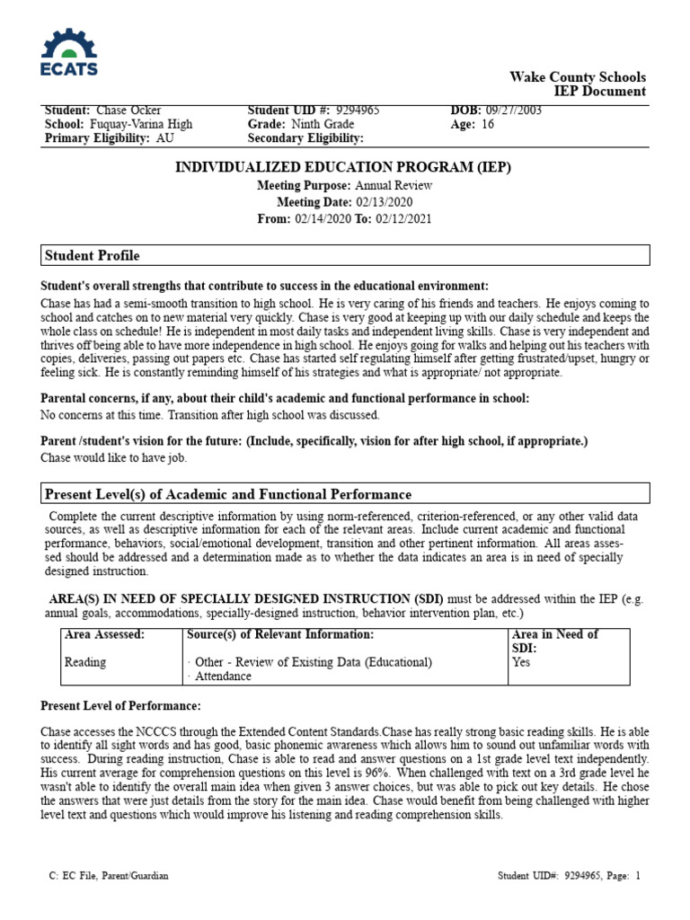 Wake County Schools IEP Document: C: EC File, Parent/Guardian Student UID#: 9294965, Page: 1 ...