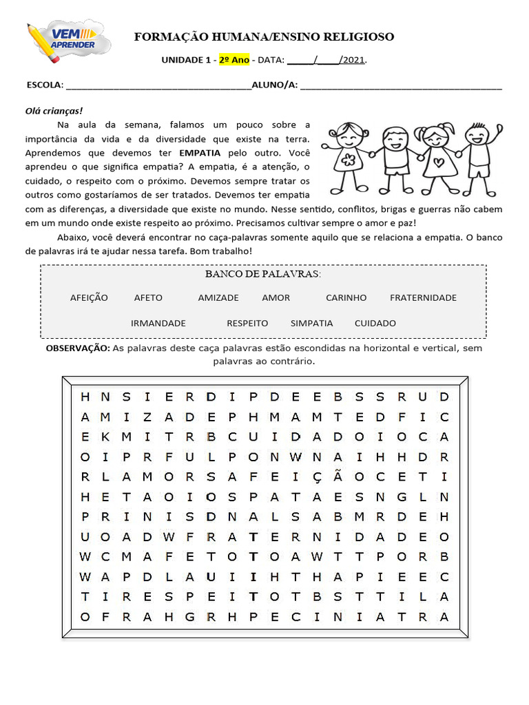 Atividades de Formacao Humana e Ensino Religioso Vem Aprender Unidade 1 ...