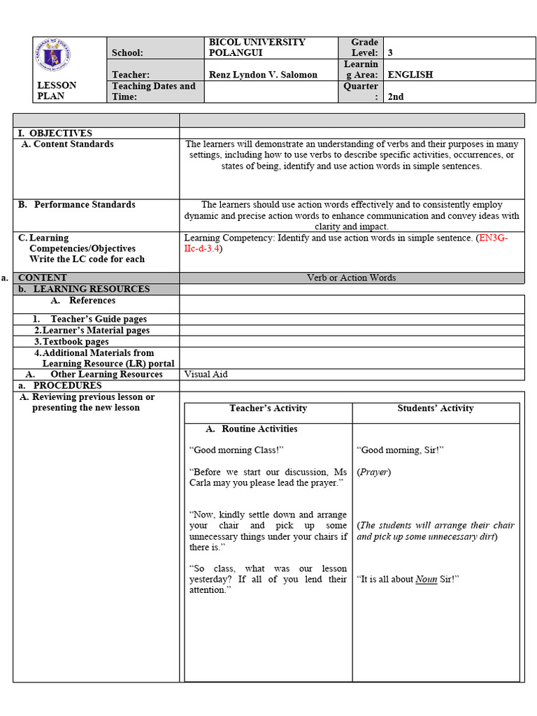 Lesson Plan Final English Pdf Learning Subject Grammar