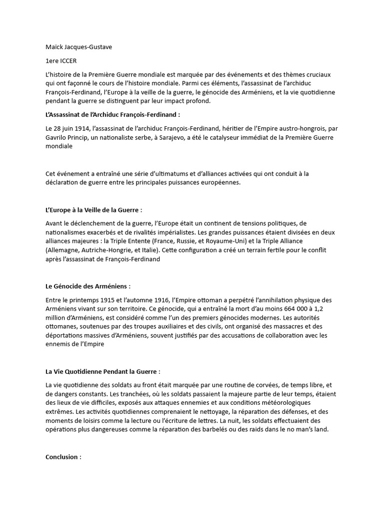 Récit historique de la Première Guerre mondiale | PDF