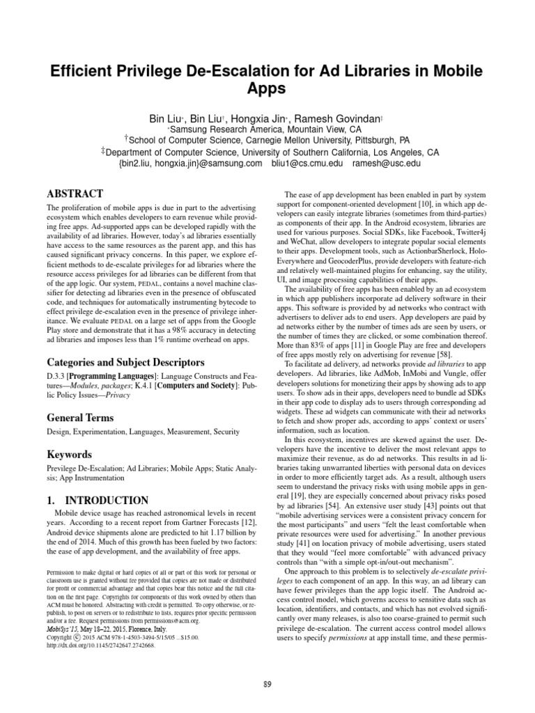 Efficient Privilege De-Escalation For Ad Libraries in Mobile Apps | PDF ...
