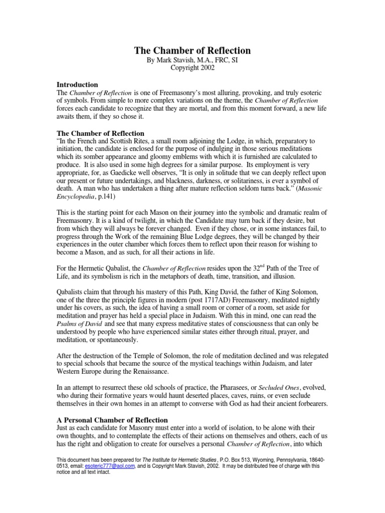 Stavish - The Chamber of Reflection | PDF | Meditation | Freemasonry