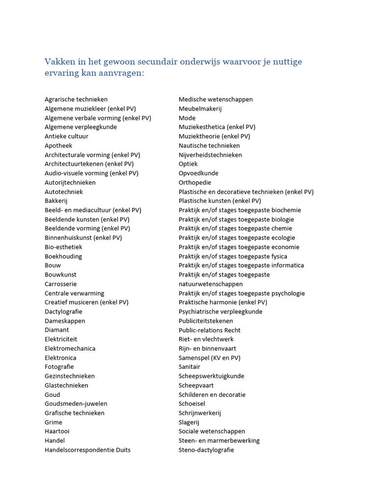 Vakken Gewoon Secundair Onderwijs Nuttige Ervaring 0 | PDF