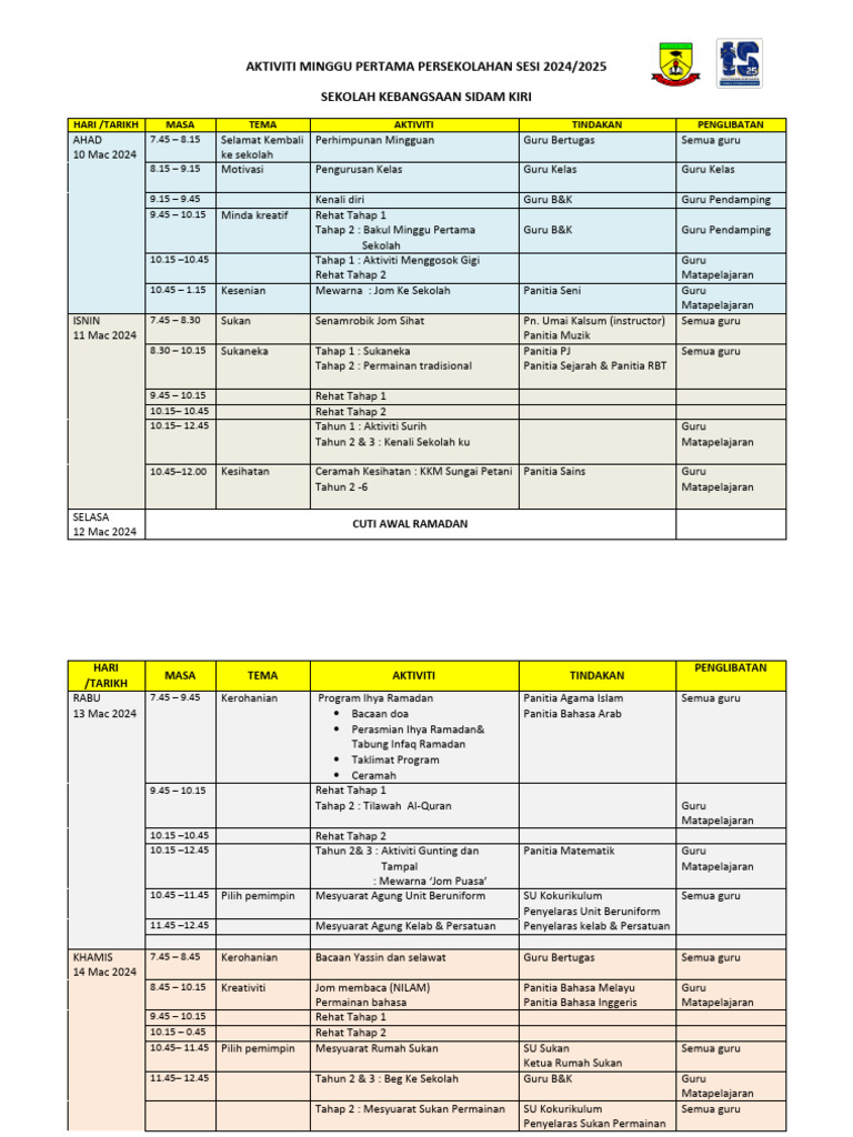 Aktiviti Minggu Pertama Persekolahan 2024 - 2025 | PDF
