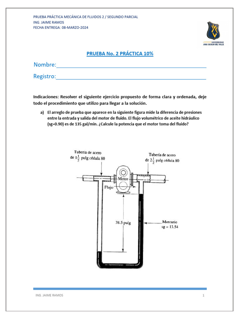Prueba No. 2 Mecanica de Fluidos 2 Primer Parcial I Periodo 2024 | PDF