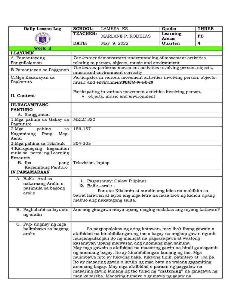 DLL PE 3 Q4 Week 1 | PDF