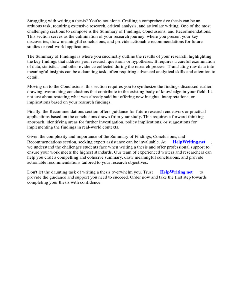 Summary of Findings Conclusions and Recommendations Thesis Sample | Download Free PDF ...