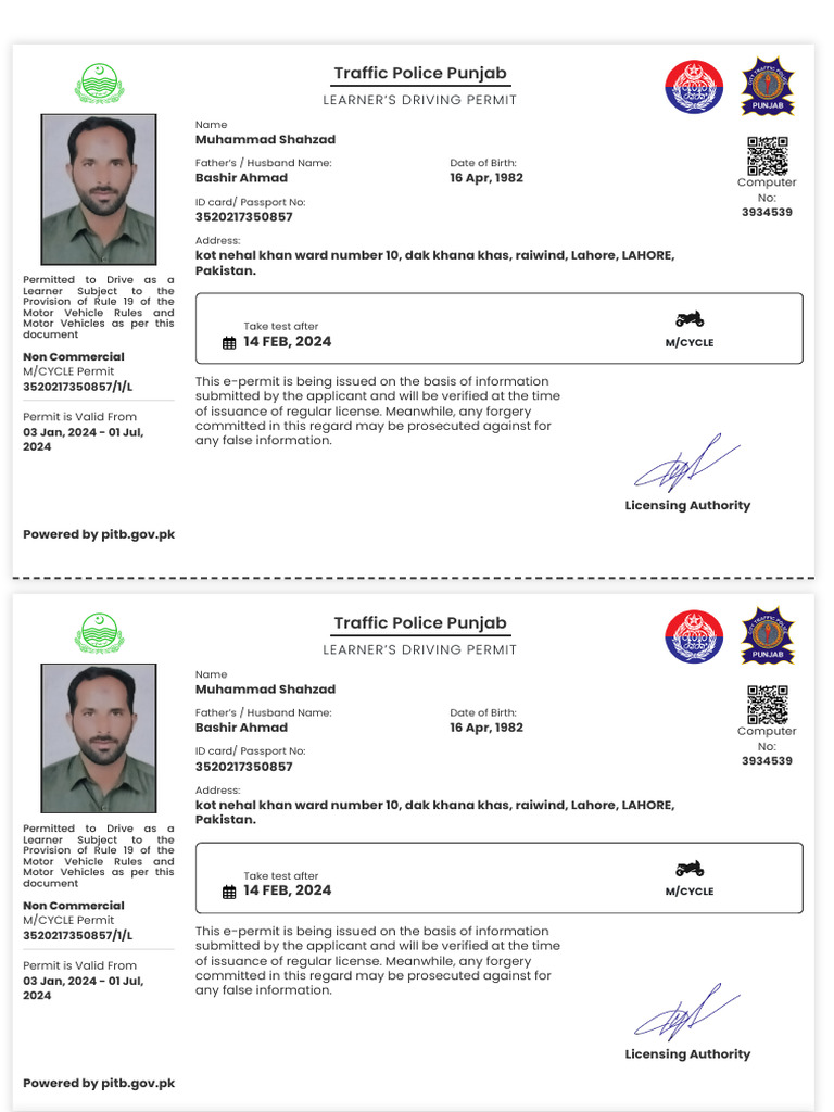 Lahore Learner's Driving Permit | PDF | Identity Document | Driver's ...