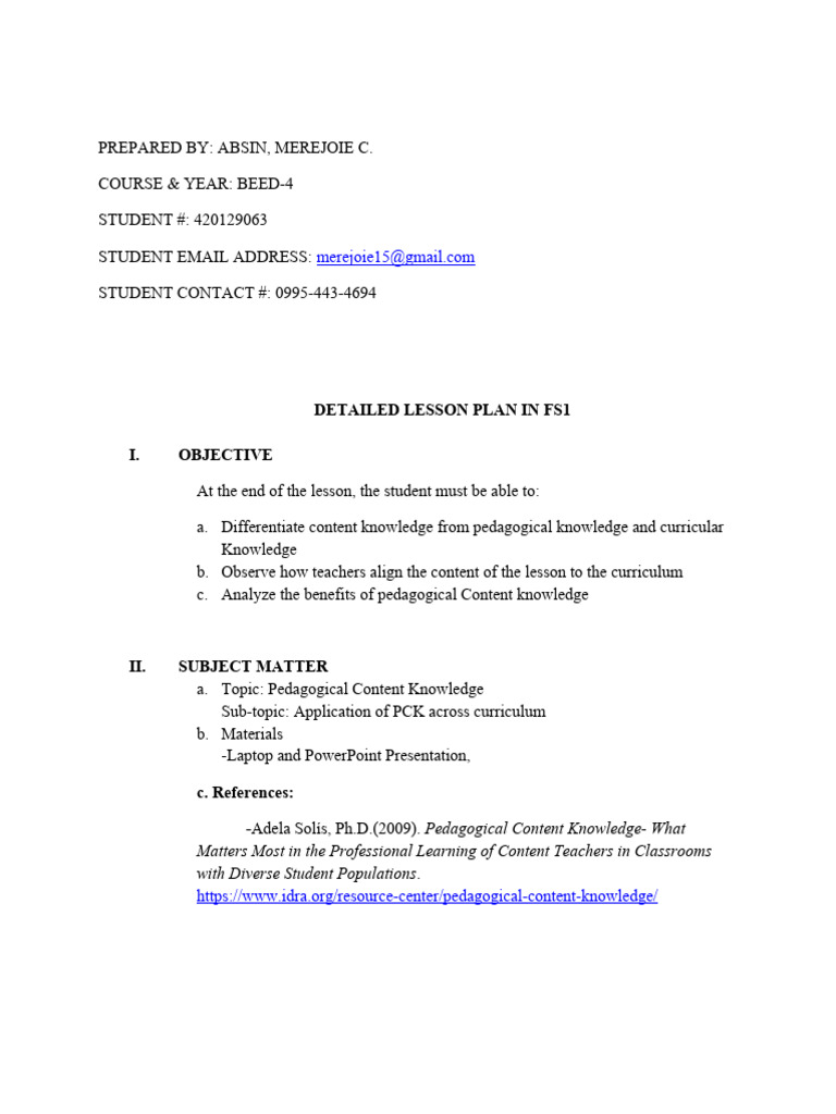 FS1 Detailed Lesson Plan | PDF